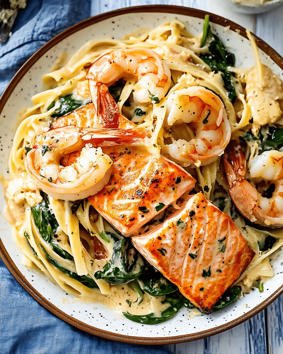 Garlic Butter Salmon and Shrimp with Creamy Spinach Linguine | My Easy Plate